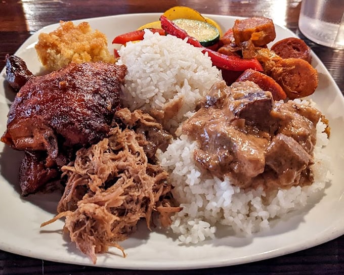 The combo plate that ruins all future meals. Rice becomes the perfect canvas for this masterpiece of flavors—like the Beatles of BBQ, each component a star.
