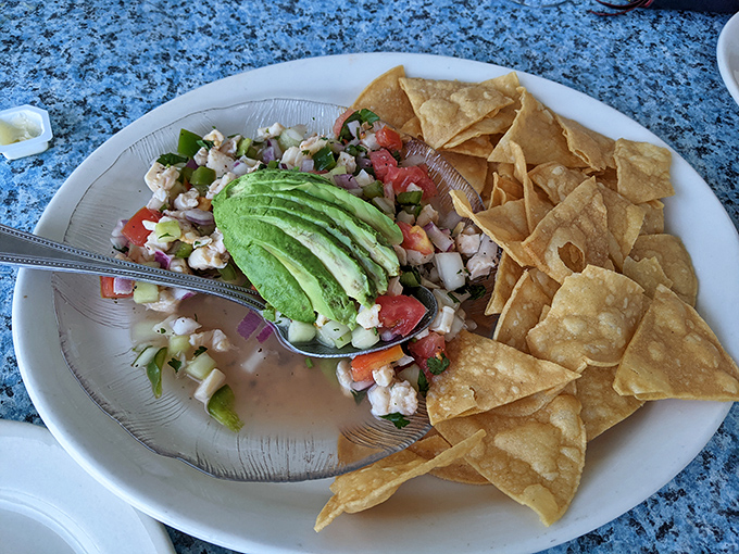 Vacation on a plate: fresh conch ceviche with perfectly ripe avocado. The chips are just vehicles for this citrusy seafood treasure that tastes like the ocean's best-kept secret.