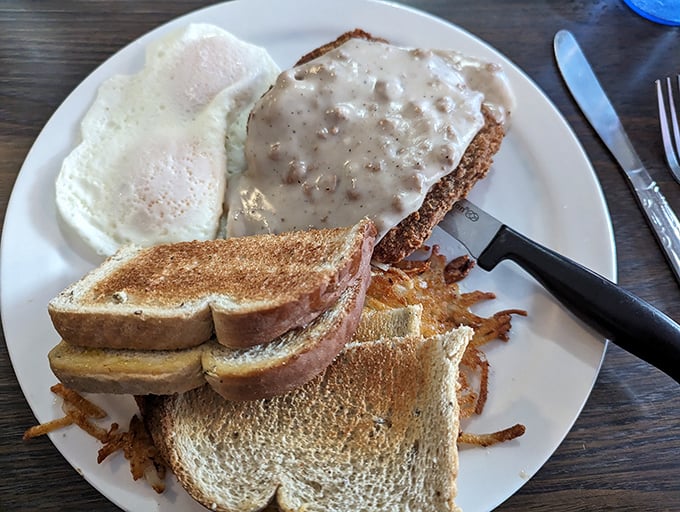 Country fried steak with eggs and toast—the breakfast of champions who plan on taking a well-deserved nap immediately afterward.