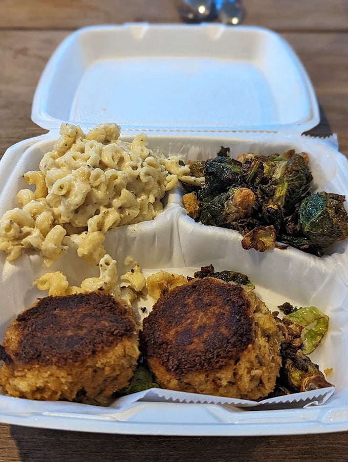 Crab cakes that are actually crab, not filler. Served with crispy brussels sprouts and mac and cheese—comfort food gets its college degree.