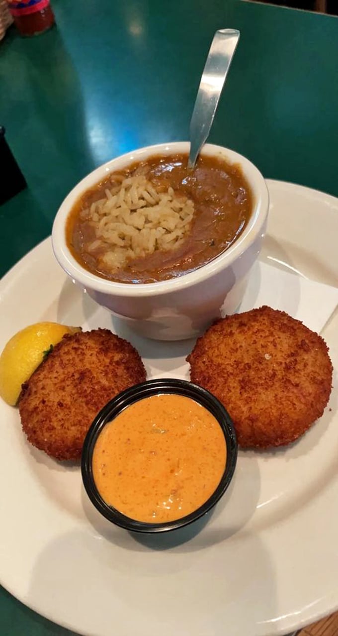 Crab cakes and gumbo—a Southern seafood power couple that belongs in the Comfort Food Hall of Fame, complete with remoulade that demands to be savored.