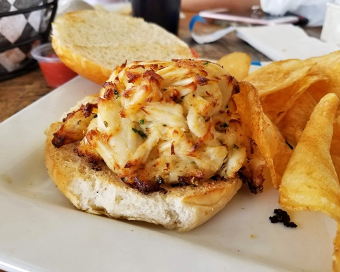 The crab cake sandwich—where Maryland tradition meets Delaware beach vibes in a handheld masterpiece that puts ordinary lunch to shame.