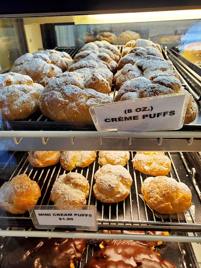 Crème puffs dusted with powdered sugar await their destiny. These cloudlike confections shatter delicately, revealing a vanilla cream interior that dreams are made of.