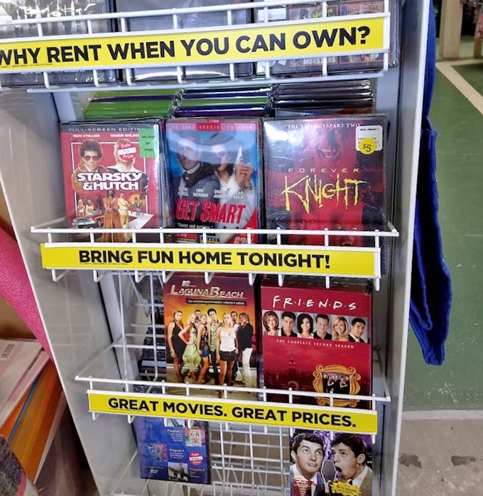 Remember when movie night meant actually leaving the house? This nostalgic DVD collection features classics from "Starsky & Hutch" to "Friends"—digital streaming's ancestral relics.