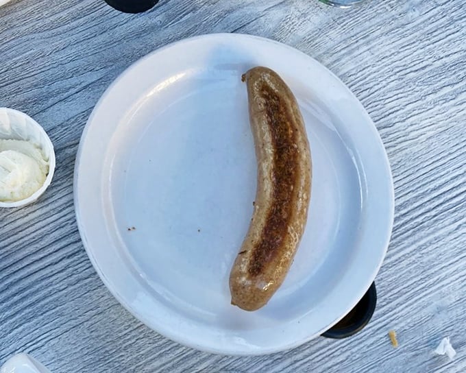 The Danish sausage sits proudly on its plate like a lone warrior – simple, unadorned, and ready to prove that sometimes one is all you need.