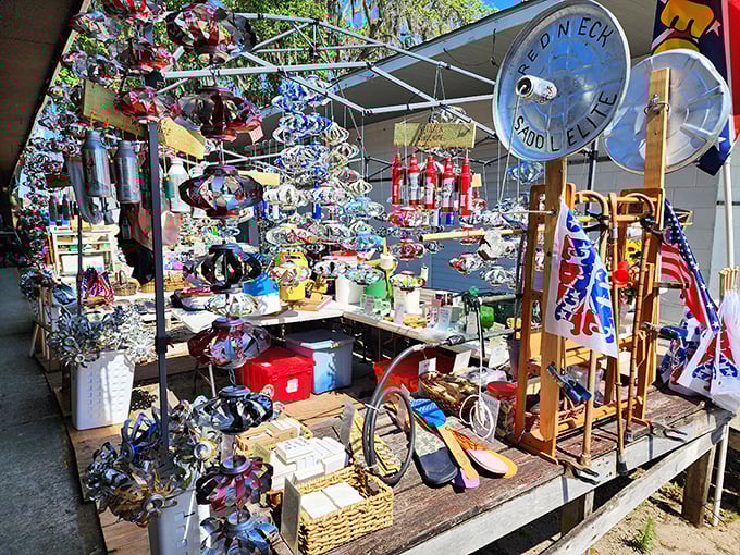 This dazzling display of recycled metal art proves that one person's scrap metal is another's garden masterpiece.