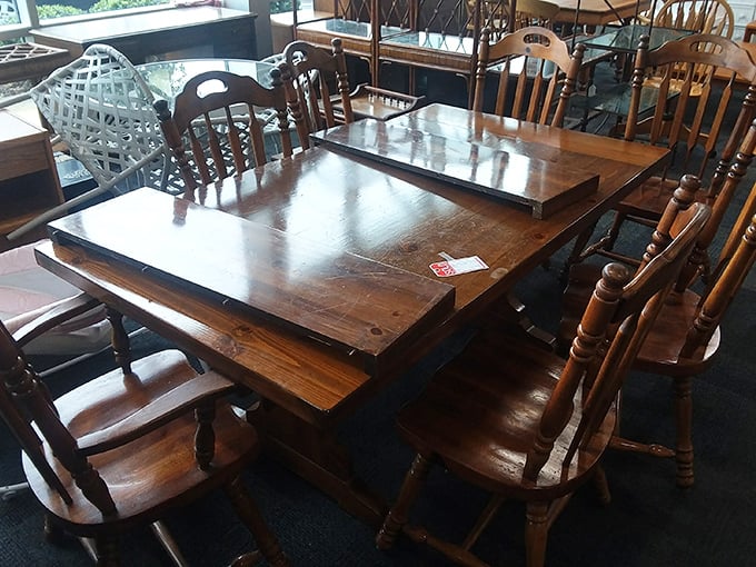 Solid wood dining sets with character and history—furniture that's already survived family dinners and has the patina to prove it.