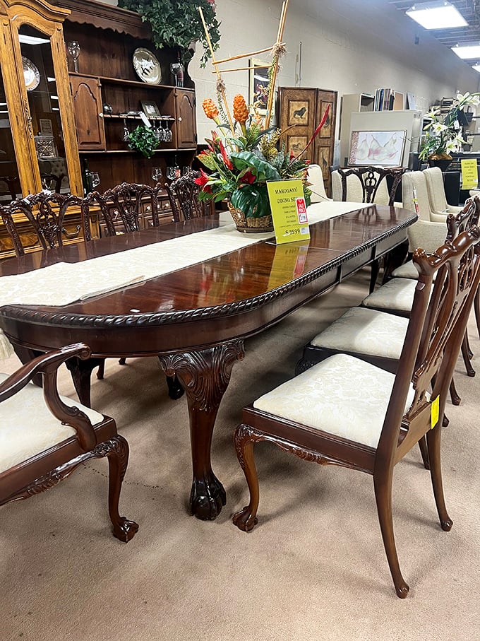This mahogany dining set isn't just furniture—it's a time machine to Sunday dinners where phones stayed in pockets and conversations lasted for hours.