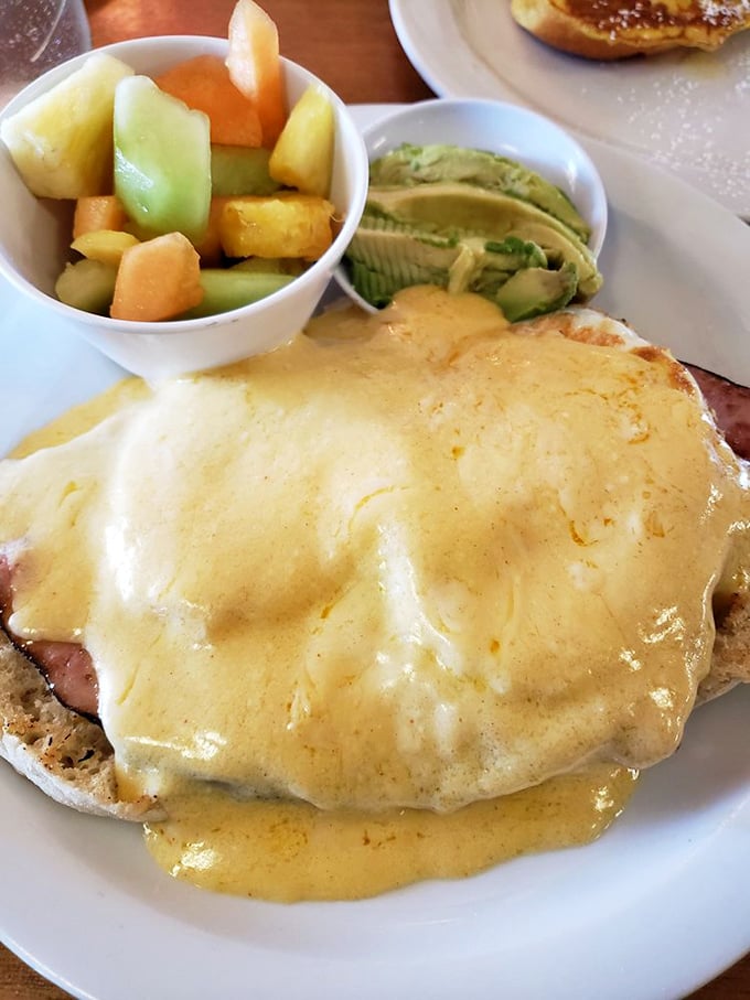 Behold the golden standard of eggs Benedict – where runny yolks meet creamy hollandaise in perfect harmony.