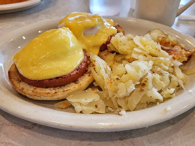 The eggs Benedict here doesn't need fancy hollandaise tricks—just perfectly poached eggs, quality Canadian bacon, and home fries that mean business.