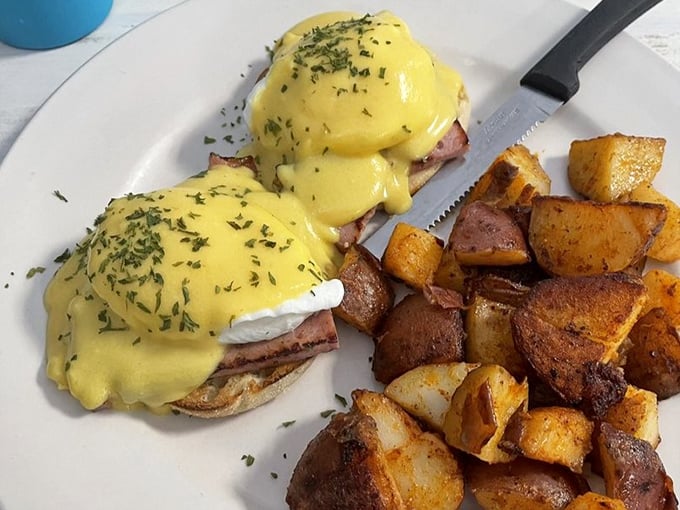 Eggs Benedict done right—perfectly poached eggs, Canadian bacon, and hollandaise that would make Julia Child nod in approval. Those home fries aren't just a sidekick, they're a co-star.