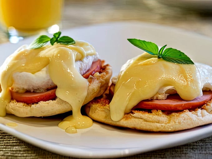 Eggs Benedict that puts the "dict" in addiction—hollandaise cascading like a yellow waterfall of happiness over perfectly poached eggs and Canadian bacon.