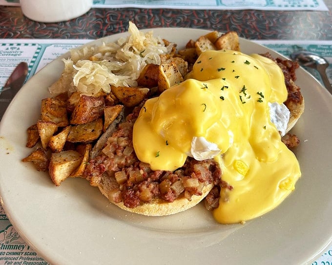 Eggs Benedict that would make a food photographer weep—hollandaise cascading over corned beef hash like a yellow waterfall of deliciousness.