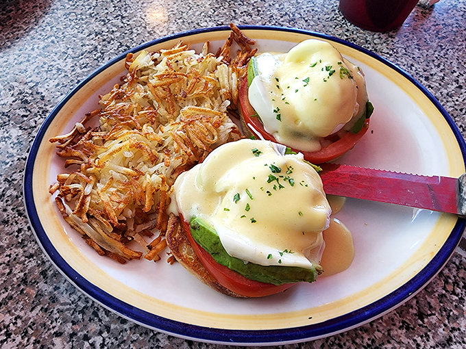 Eggs Benedict with avocado and tomato—where hollandaise sauce cascades like a buttery waterfall and hash browns achieve that perfect crisp-to-fluffy ratio.