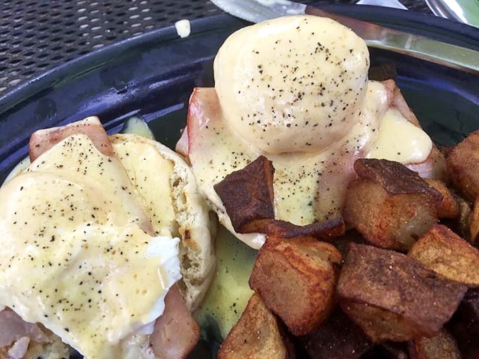 Eggs Benedict elevated to an art form. Those perfectly poached eggs perched atop ham could make even the most dedicated dieter throw caution deliciously to the wind.