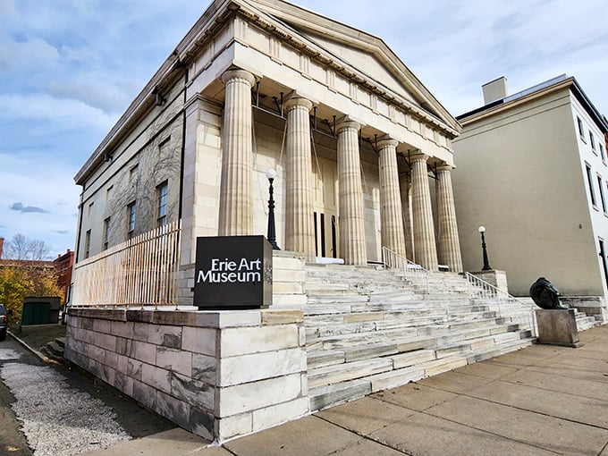 Erie Art Museum's classical columns aren't just for show—they're guarding cultural treasures inside. Who said affordable living means sacrificing culture?