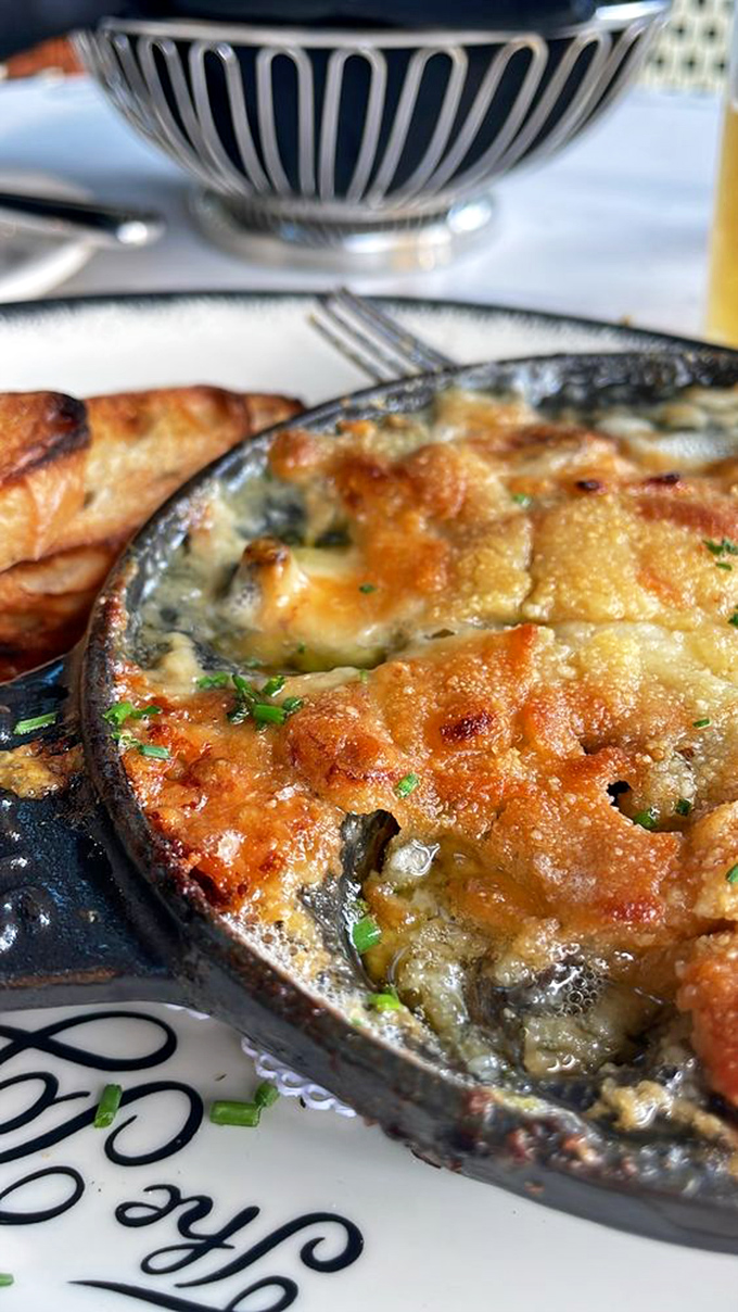 Bubbling cheese blankets this escargot dish like a French countryside duvet—comfort food with a sophisticated passport.