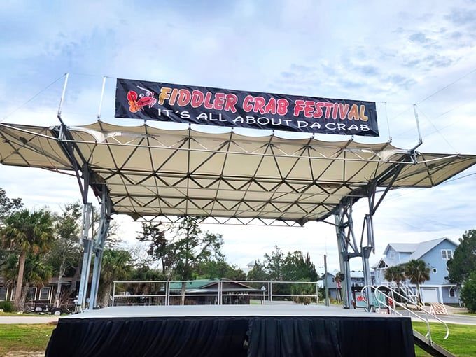 The Fiddler Crab Festival stage awaits its performers – in a town where "it's all about da crab" isn't just a slogan, it's a way of life.