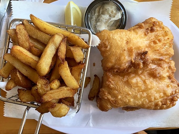 Golden-battered fish with proper chips – not those skinny fries imposters. This is the dish that launched a thousand British pubs.