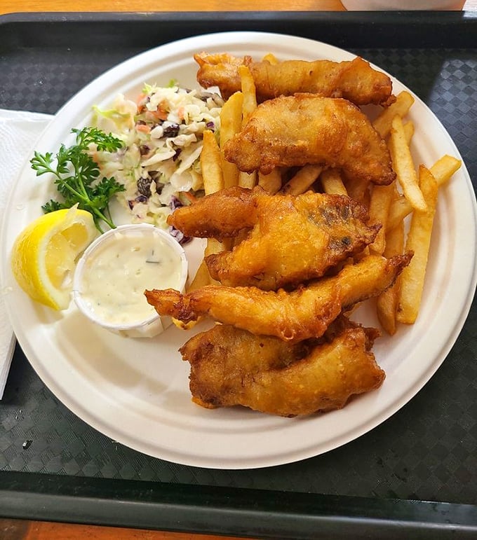 Golden-battered fish and chips that crackle with each bite, served with a side of coleslaw that adds just the right amount of crunch and tang. The ocean called—it wants to thank you.