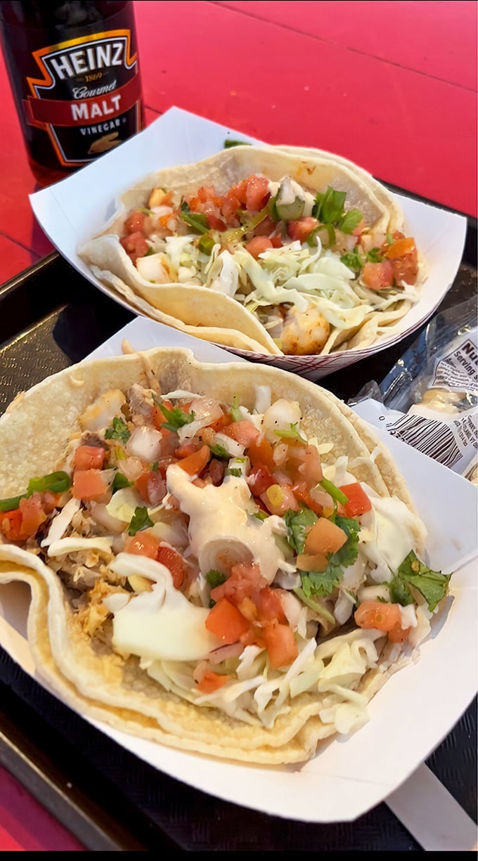 These fish tacos speak California's language fluently—fresh fish, crisp cabbage, and just enough sauce to make every bite sing.