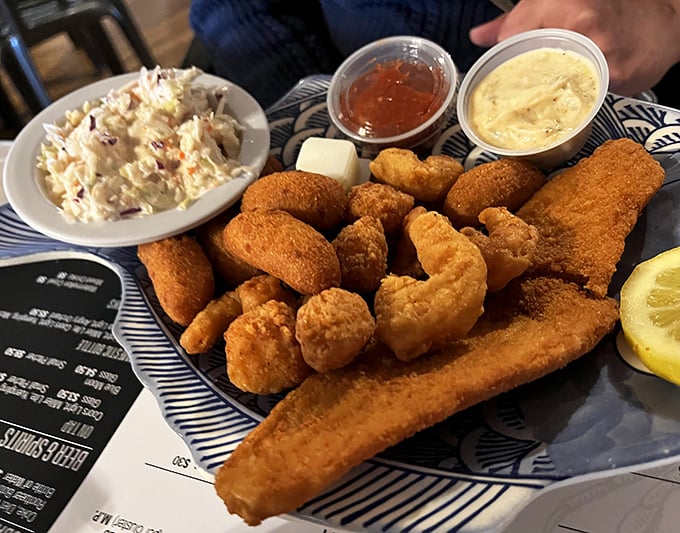 The Fisherman's Platter doesn't just feed you—it tells stories of dawn trawlers and generations of Delaware fishing tradition.