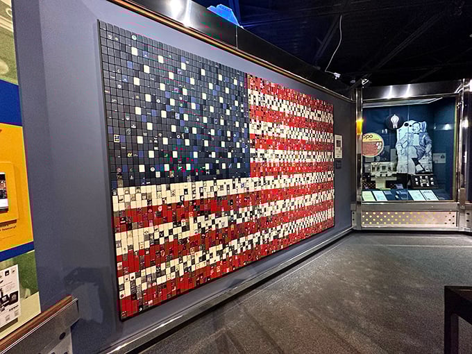 The American flag display uses hundreds of red, white, and blue Zippos—proving that even the smallest canvas can carry the weight of national pride.