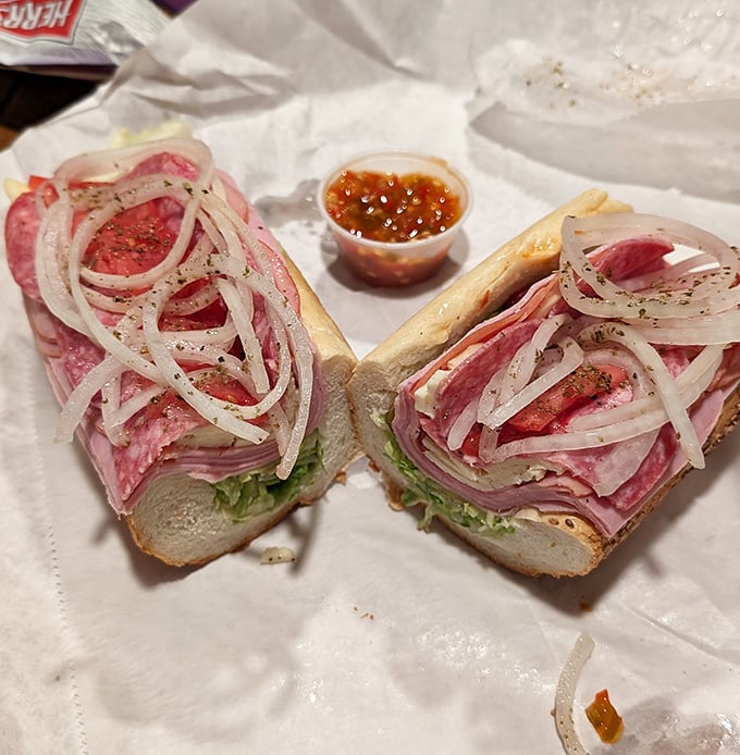 The Italian hoagie – a tower of thinly sliced meats, crisp veggies, and that perfect oil and vinegar tang. A worthy alternative to cheesesteak glory.