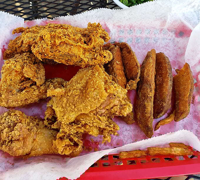 Golden-fried chicken that makes you understand why people write songs about comfort food, with potato wedges playing the perfect supporting role.