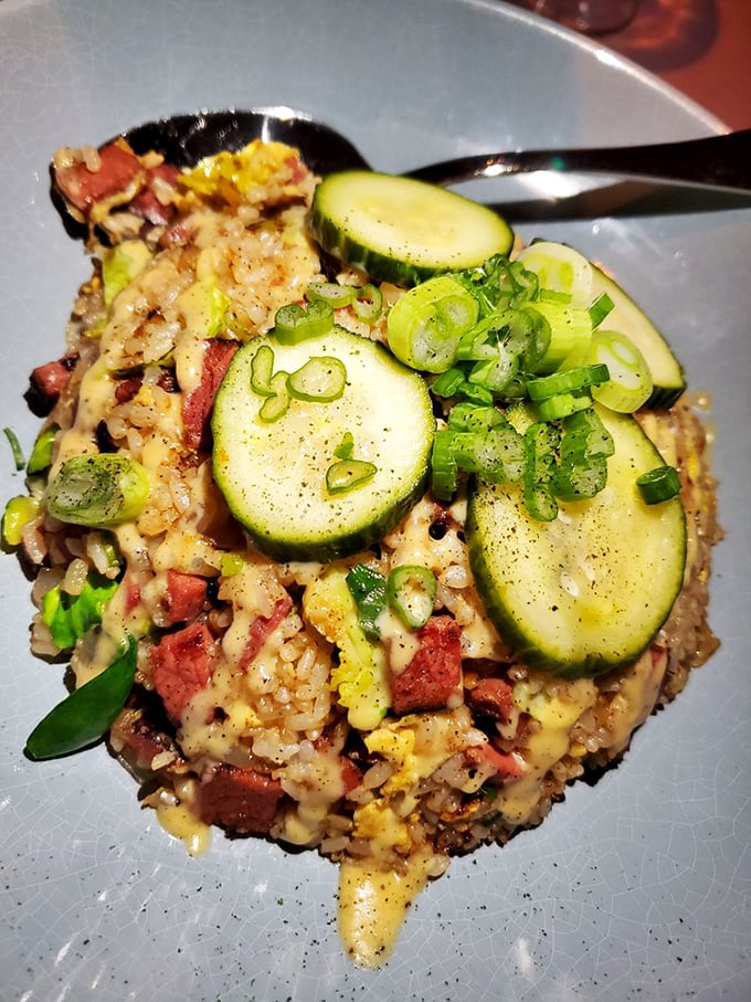 This colorful rice dish topped with fresh zucchini and scallions proves vegetables can party just as hard as proteins.