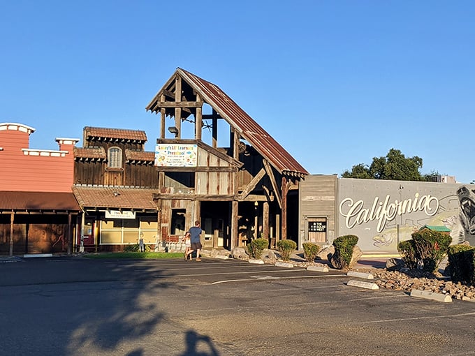 Frontier Village captures the spirit of the Old West with rustic charm and that "California" sign—because even cowboys need to know which state they're in.