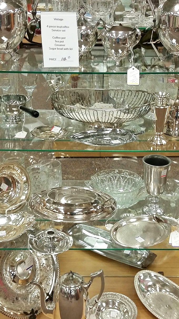 Silver service fit for Downtown Abbey, without the aristocratic price tag. That vintage tea set has probably hosted more interesting conversations than most talk shows.