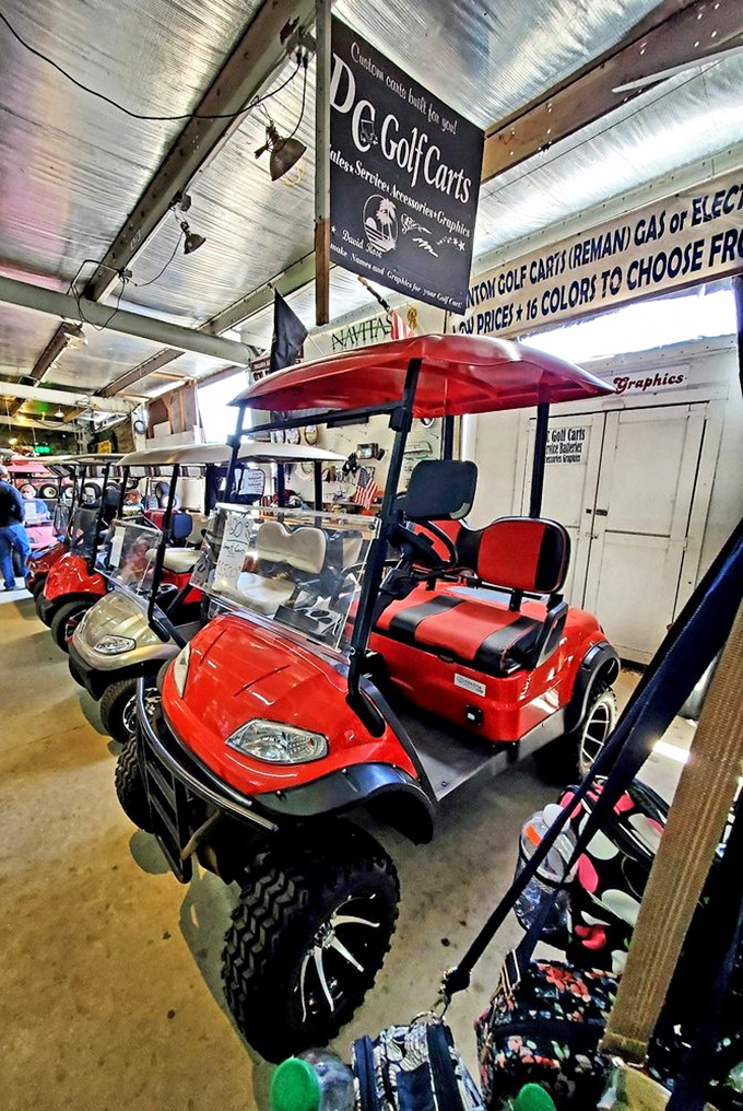 Golf cart nirvana for Florida's retirement set – because walking is overrated when you can cruise in customized, candy-apple red style.