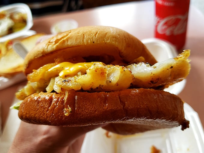The grouper sandwich looks like it's auditioning for a seafood calendar – all dressed up with cheese and ready for its close-up.