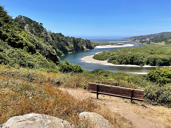 That bench isn't just offering a view – it's offering perspective. The Gualala River meets the Pacific in a dance as old as time.