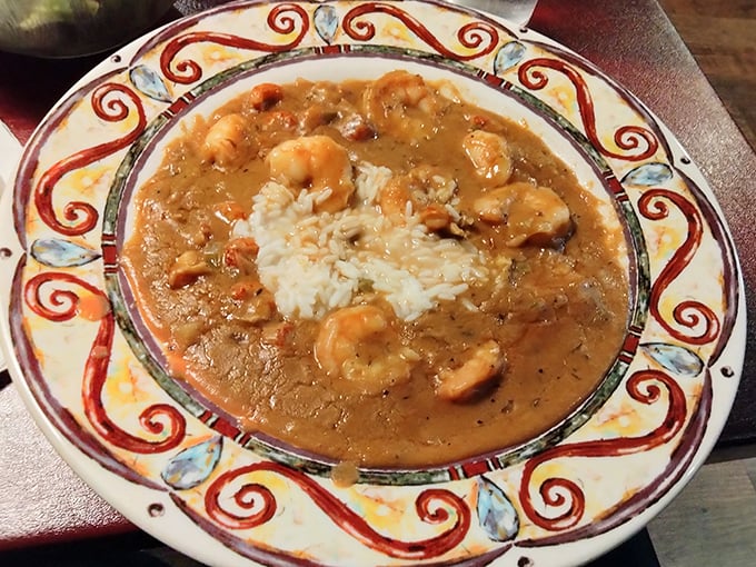 Gumbo that looks like it could tell stories of the bayou. Rice island in a sea of rich roux—this is comfort that transcends state lines.