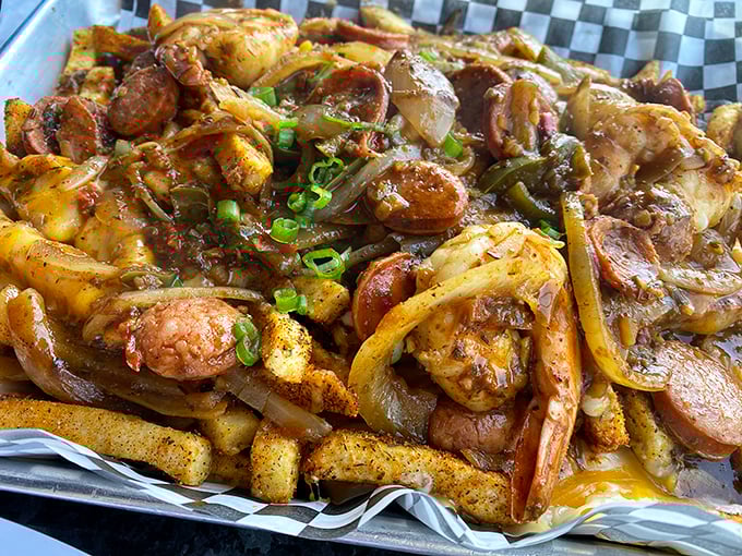 Not just fries—a full-on Cajun festival. Sausage, shrimp, and spices transform humble potatoes into a dish worth crossing county lines for.