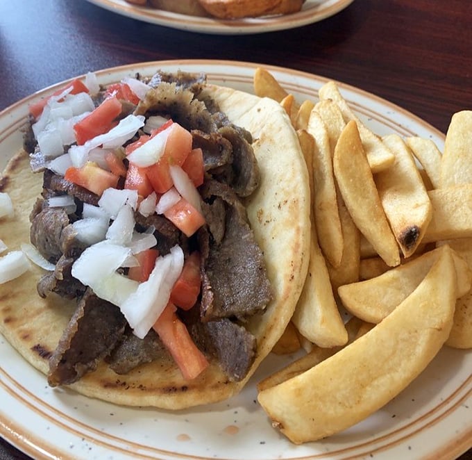 This isn't just a gyro—it's a Mediterranean vacation on a plate. Fresh toppings, seasoned meat, and those steak fries that somehow make everything better.