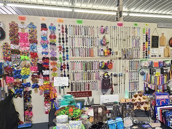A rainbow explosion of hair accessories that would make any 90s kid feel right at home. Scrunchie heaven exists in Ohio!