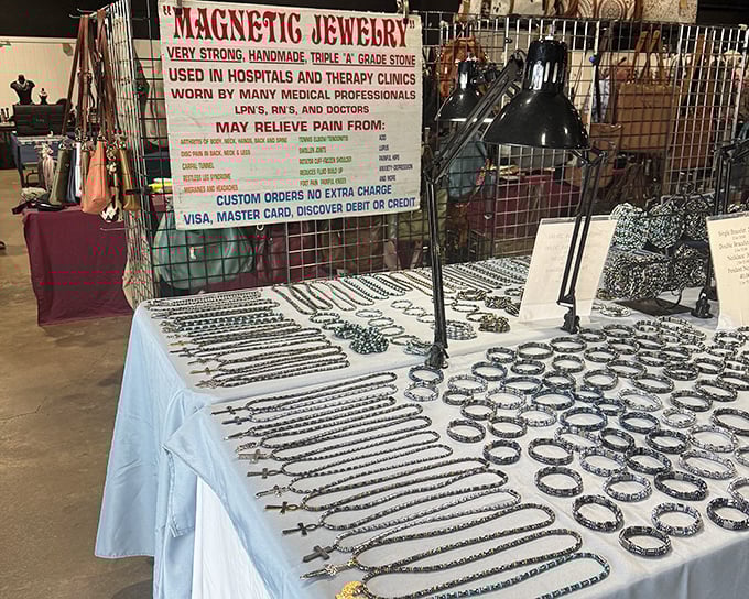Magnetic jewelry display that's oddly hypnotic—like a hardware store and a fashion boutique had a surprisingly attractive baby.