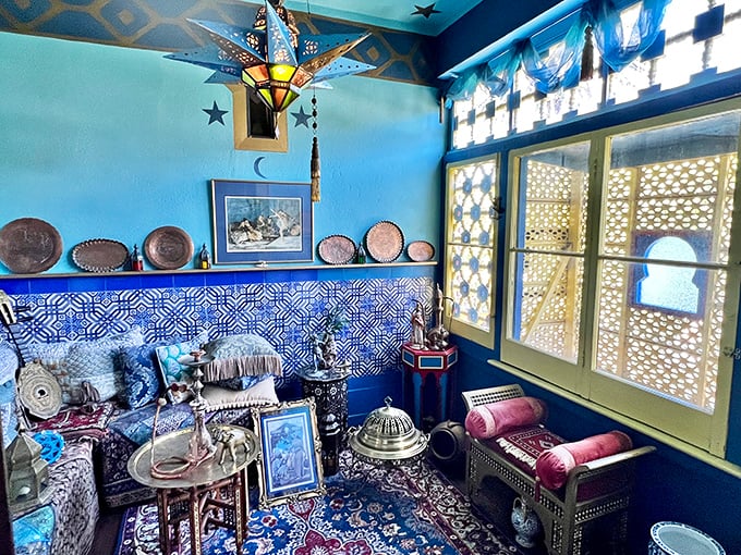 The "Blue Room" offers a feast for the eyes with its vibrant tiles and star-shaped lantern—like stepping into a Moroccan dream sequence.