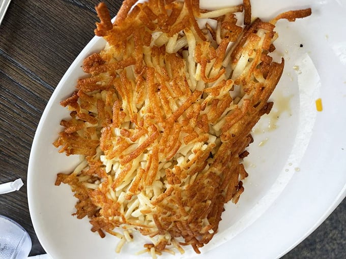These hash browns deserve their own ZIP code – crispy, golden architecture that makes you wonder if potatoes have been holding out on us all along.