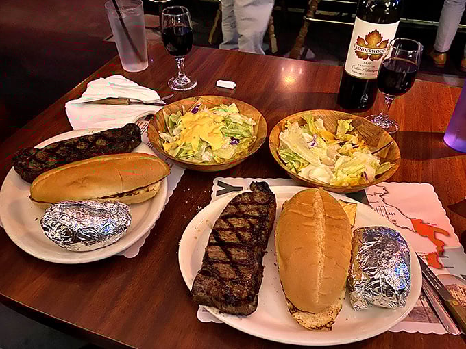 A feast fit for the Doge of Venice himself. Two perfectly grilled New York strips, foil-wrapped baked potatoes, and salads that know their supporting role.