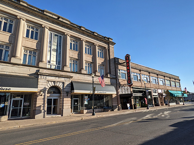 The Historic Ironwood Theater's marquee promises entertainment the old-fashioned way—no streaming subscriptions or buffering required.