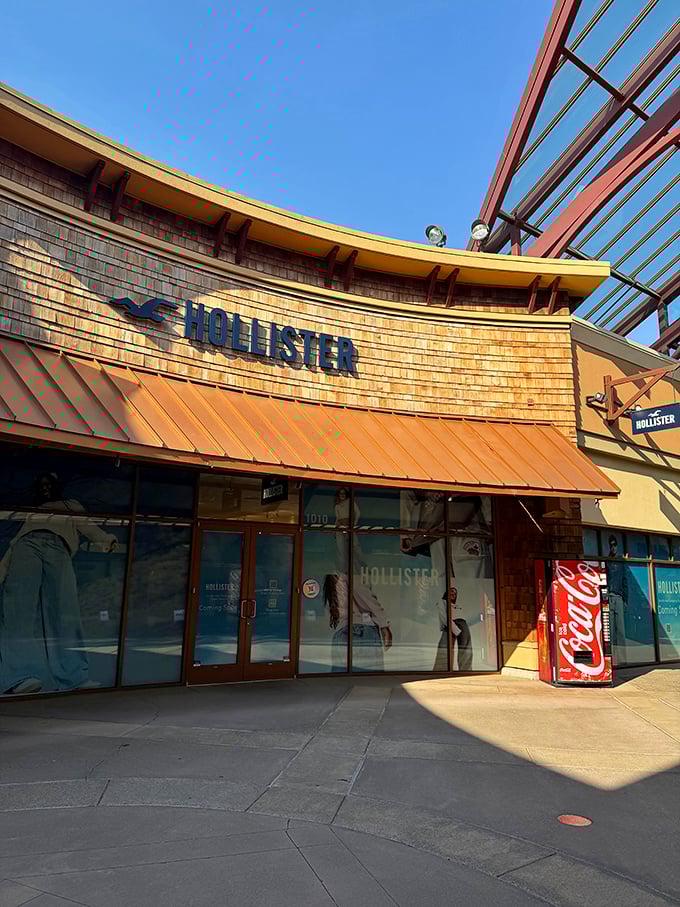 Hollister's beach-inspired aesthetic gets a Pacific Northwest makeover with cedar shingles and copper accents. California cool meets Oregon craftsmanship.