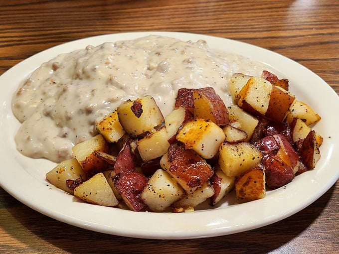 Home fries and sausage gravy—the breakfast power couple that makes you wonder why anyone would ever skip the most important meal of the day.