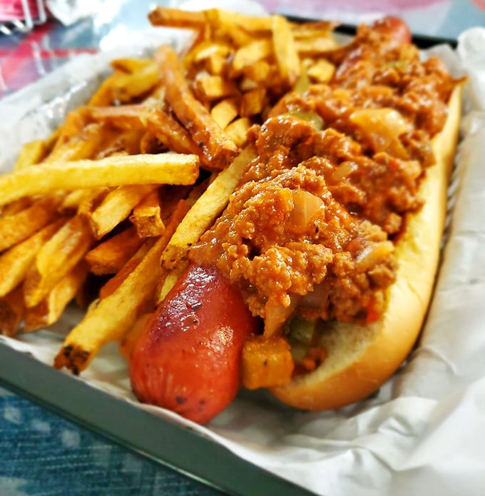 The Buckeye Hot Dog comes dressed for success with chili and cheese. It's the kind of messy masterpiece that requires strategic napkin placement and zero shame.