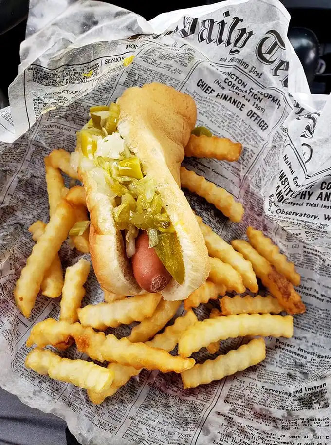The Chicago-style hot dog nestled among golden crinkle-cut fries—a perfect marriage that's stood the test of time longer than most Hollywood couples.