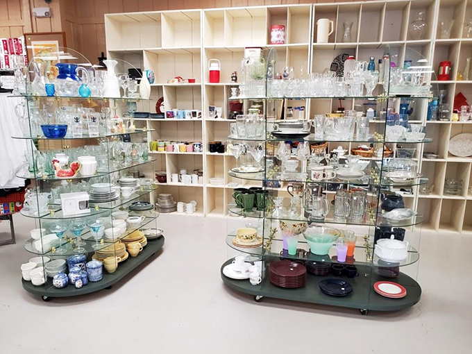 Crystal, china, and glassware displayed like a museum of domestic history – each piece waiting for its second act.