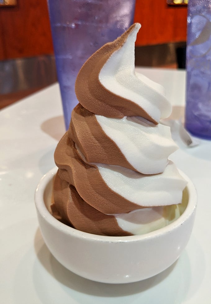 Swirls of chocolate and vanilla soft serve—the perfect dance partner for that warm peach cobbler waiting at your table.